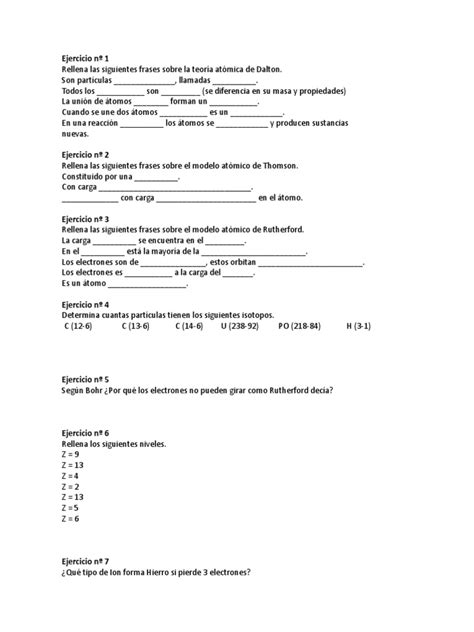 Teoría Atómica Y Modelos Atómicos Ejercicios De Relleno Pdf Átomos