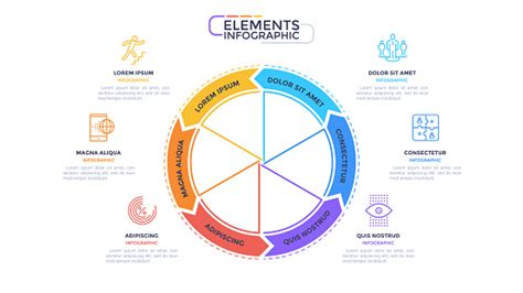 화살표가 있는 얇은 선 원형 비즈니스 인포그래픽 템플릿입니다 벡터 일러스트 레이 션 6개의 옵션 단계 또는 섹션으로 순환합니다 시각적 데이터 표시 구성 요소 6에 대한 스톡