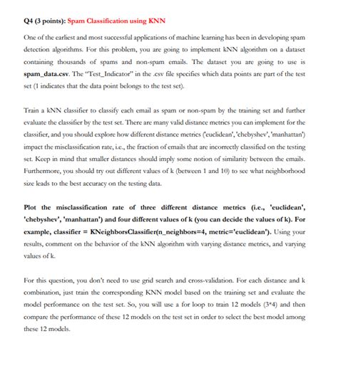 Solved Q4 3 Points Spam Classification Using Knn One Of