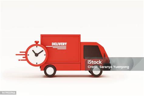 배송 빠른 배달 트럭 빨간색 배달 자동차 흰색 배경 3d 렌더링 일러스트레이션에 시계 배달 운송 물류 개념으로 명시 적으로 제공