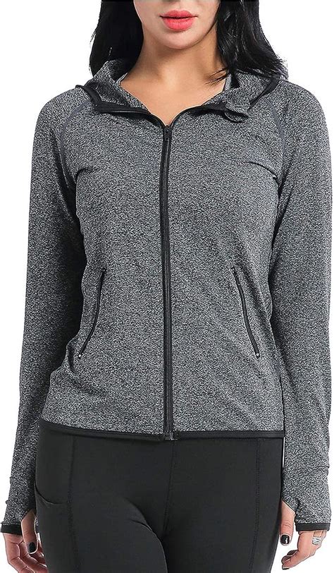Amzsport Womens Running Jacket Long Sleeve Gym Sports Hoodie With Zip