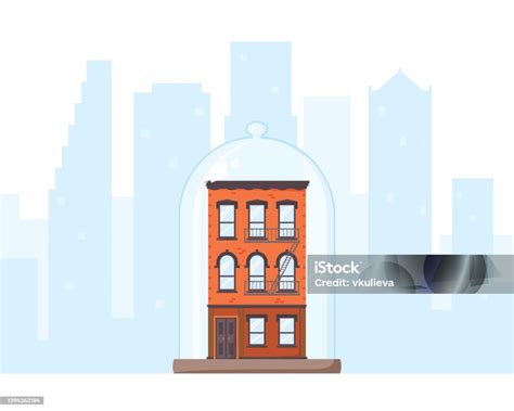 구식 집과 도시 전망 실루엣 유리 돔으로 덮인 벽돌 건물 임대 제어 하우스 개념 임대 안정화 된 아파트 단위 잘 보존되고 보호 된 재산 플랫 벡토 아파트에 대한 스톡 벡터