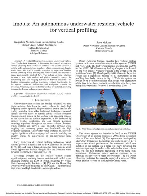 Imotus An Autonomous Underwater Resident Vehicle For Vertical Profiling Pdf Programmable