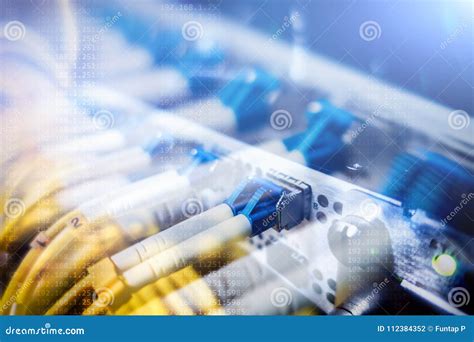 Optical Server Commutator Flashing Lights Optical Fiber Audio Severs Computer In A Rack At