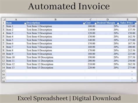 automated excel invoice template customizable spreadsheet digital download etsy