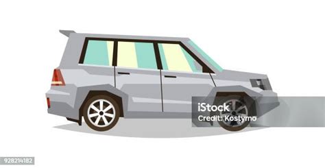 회색 자동차 Suv입니다 사이드 뷰입니다 여행에 대 한 교통입니다 가스 엔진입니다 합금 바퀴입니다 벡터 일러스트입니다 평면 스타일 교통에 대한 스톡 벡터 아트 및 기타