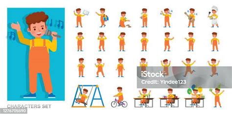 키드 캐릭터 벡터 디자인 세트 소년은 오렌지 댄개리와 연주를 착용합니다 감정 달리기 서서 걷기와 함께 다양한 액션으로 프리젠 테이션 아이에 대한 스톡 벡터 아트 및 기타