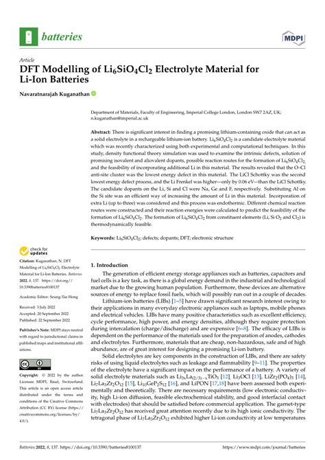 Pdf Dft Modelling Of Li6sio4cl2 Electrolyte Material For Li Ion Batteries