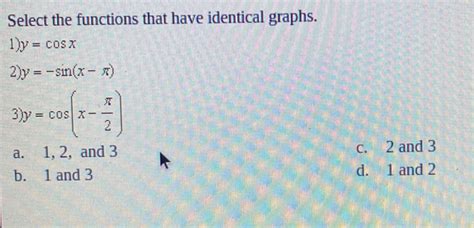 solved select the functions that have identical graphs 1 y cos x 2
