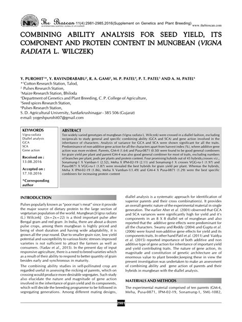 Pdf Combining Ability Analysis For Seed Yield Its Component And