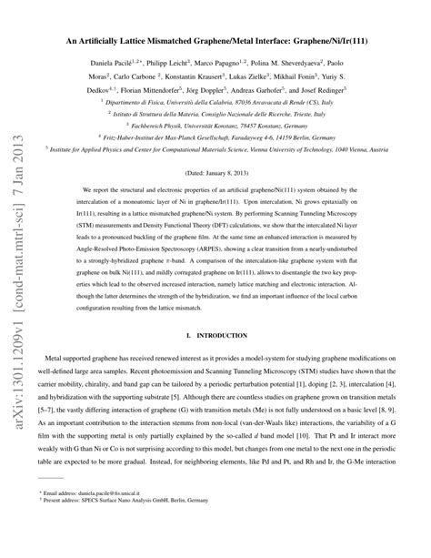 Pdf An Artificially Lattice Mismatched Graphene Metal Interface Graphene Ni Ir 111