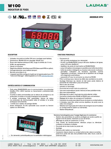 Indicateur De Poids Laumas W100 Pdf Ingénierie Informatique
