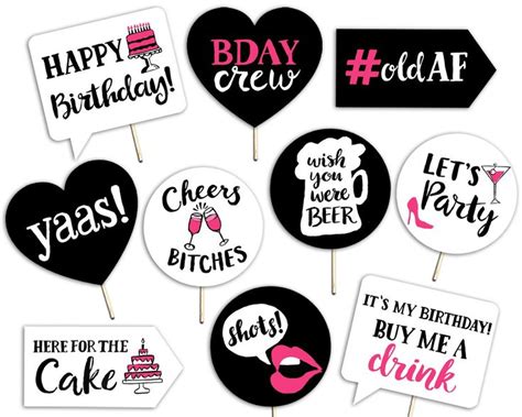 Funny Adult Birthday Printable Photo Booth Props Pink Black And White Hand Lettered Signs