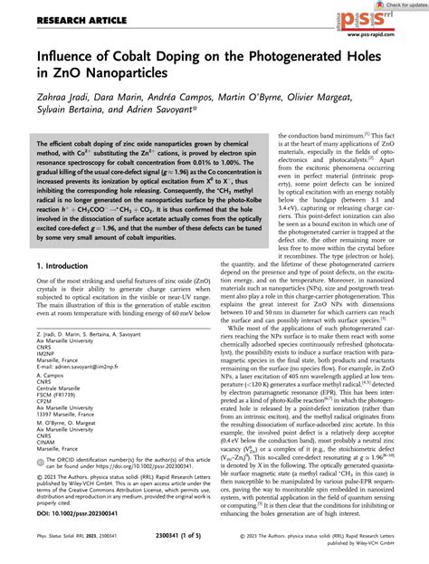Pdf Influence Of Cobalt Doping On The Photogenerated Holes In Zno
