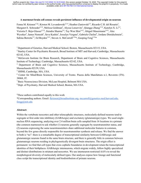 Pdf A Marmoset Brain Cell Census Reveals Persistent Influence Of