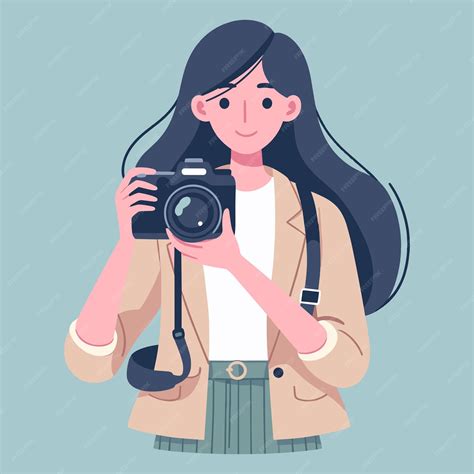 Векторный персонаж девушки с иллюстрацией камеры Премиум векторы