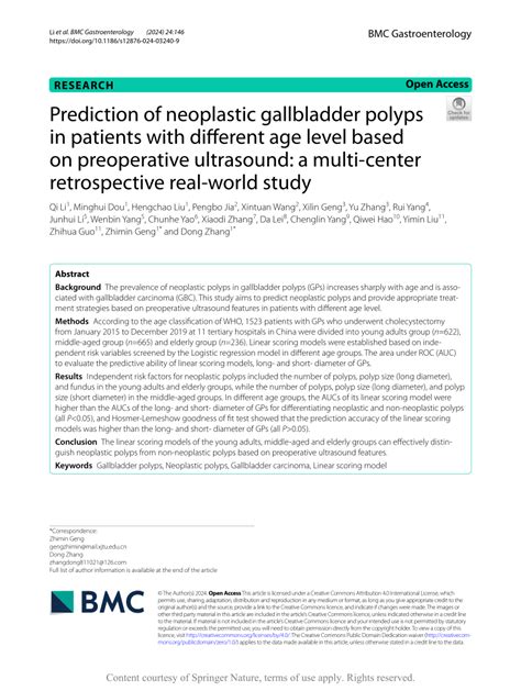 Pdf Prediction Of Neoplastic Gallbladder Polyps In Patients With Different Age Level Based On
