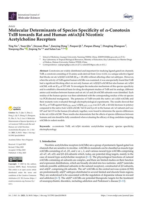 Pdf Molecular Determinants Of Species Specificity Of α Conotoxin Txib Towards Rat And Human α6
