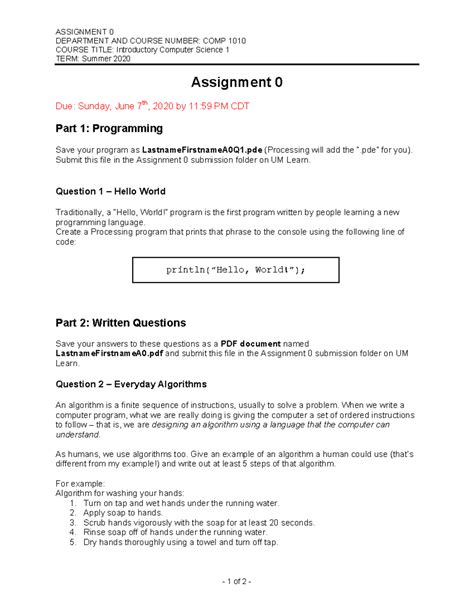 Assignment 0 Comp1010 Summer 2020 Assignment 0 Department And Course