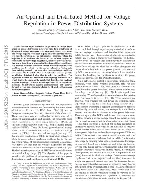 Pdf An Optimal And Distributed Method For Voltage Regulation In Power Distribution Systems