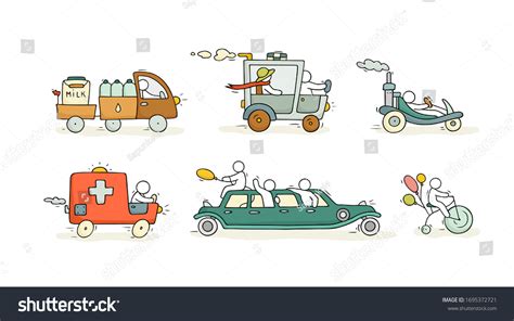 멋진 차와 사람들로 된 스케치두들 만화에서는 스톡 벡터로열티 프리 1695372721 Shutterstock