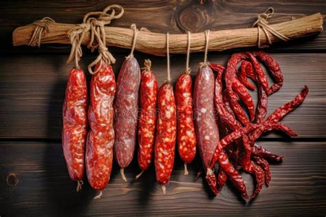 A Bunch Of Different Types Of Sausage Hanging On A Line Dried And Smoked Sausage Of Various