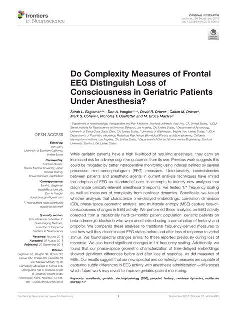 Pdf Do Complexity Measures Of Frontal Eeg Distinguish Loss Of Consciousness In Geriatric