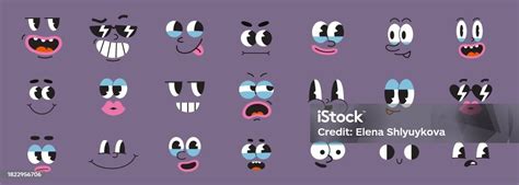 복고풍 만화 얼굴 그루비 만화 캐릭터 표정 오래된 애니메이션 세트 행복 슬픔 분노 경이로움과 같은 다양한 감정 트렌디 한 현대 벡터 일러스트 레이 션 손으로 그린 평면