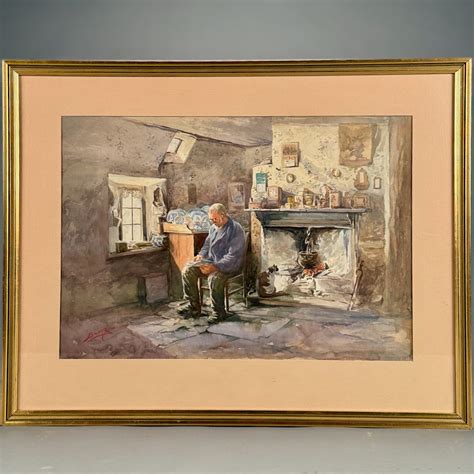 Lot 091 Milton James Burns Reading By The Fire Watercolor Signed