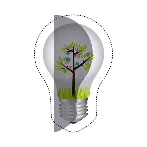 Color Sticker Silhouette With Bulb Light And Tree With Flowers Stock