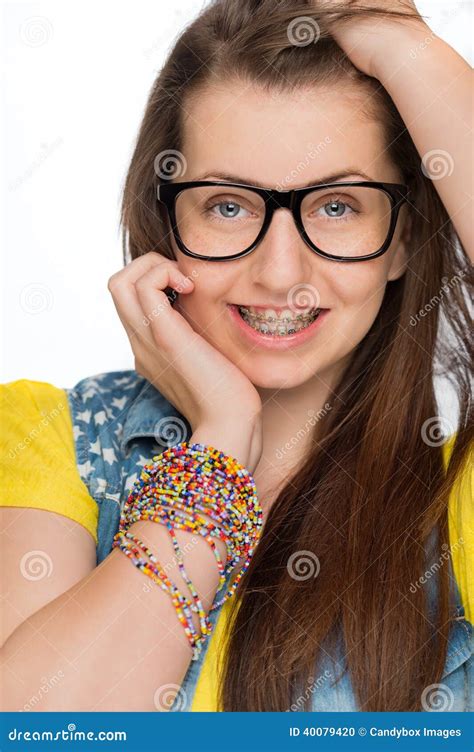Girl With Braces Wearing Geek Glasses Isolated Stock Photo Image