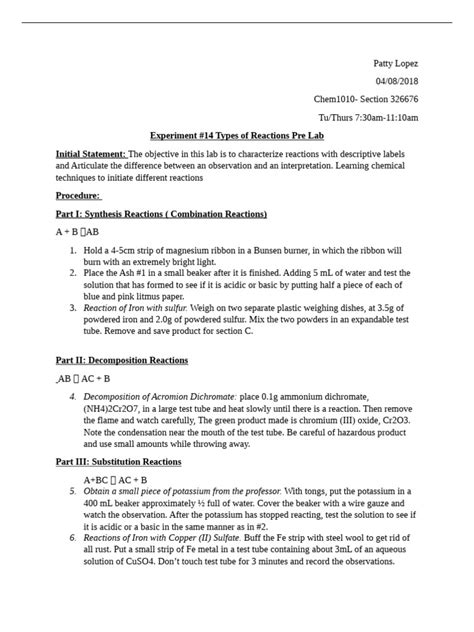 Chem 110 Chemprelab14typesofreactionsdocx Pdf