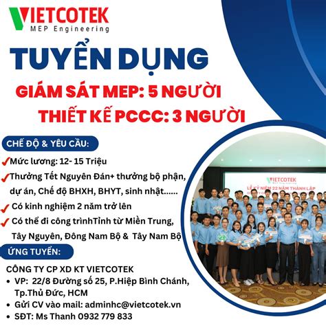 Tuyển Dụng Giám Sát Mep Và Thiết Kế Pccc Vietcotek