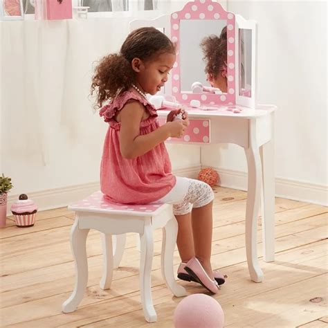 Wooden Vanity Dresser With Mirror And Chair Set For Girls