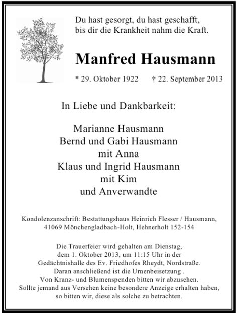 Alle Traueranzeigen Für Manfred Hausmann Trauerrp Onlinede
