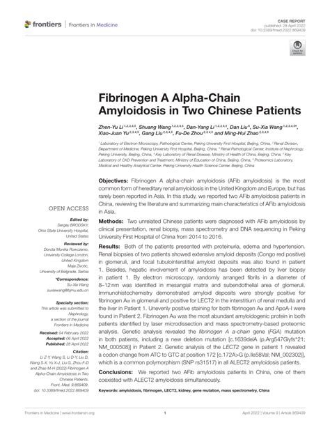 Pdf Fibrinogen A Alpha Chain Amyloidosis In Two Chinese Patients