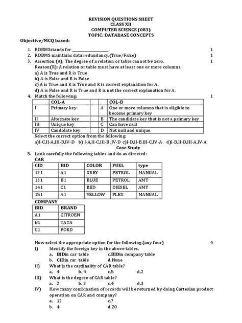 Xii Revision Sheet 2 Cs Pdf Relational Database Information Science