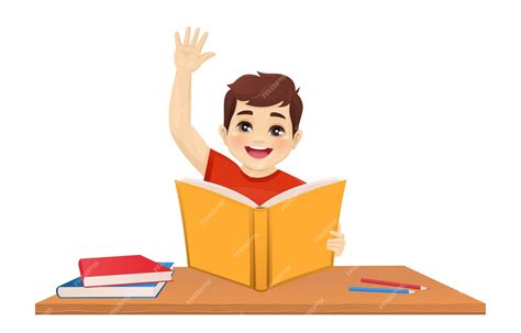책상에 고립 된 벡터 일러스트 레이 션에 책을 들고 읽고 행복 귀여운 학교 소년 프리미엄 벡터