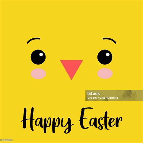 귀여운 병아리 벡터 그래픽 일러스트 레이션입니다 간단한 사각형 만화 부활절 노란색 닭 얼굴 작은 부리와 눈 0명에 대한 스톡