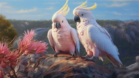 A Pair Of Major Mitchell S Cockatoos Perched On A Rocky Outcrop Stock
