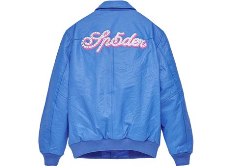 Sp5der Debossed Web Leather Jacket Blue Mens Ss24 Us