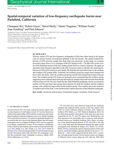 Pdf Spatial Temporal Variation Of Low Frequency Earthquake Bursts Near Parkfield California