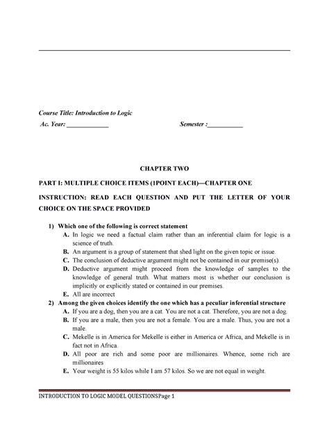 Logic Lecture Notes Guidance Course Title Introduction To Logic Ac