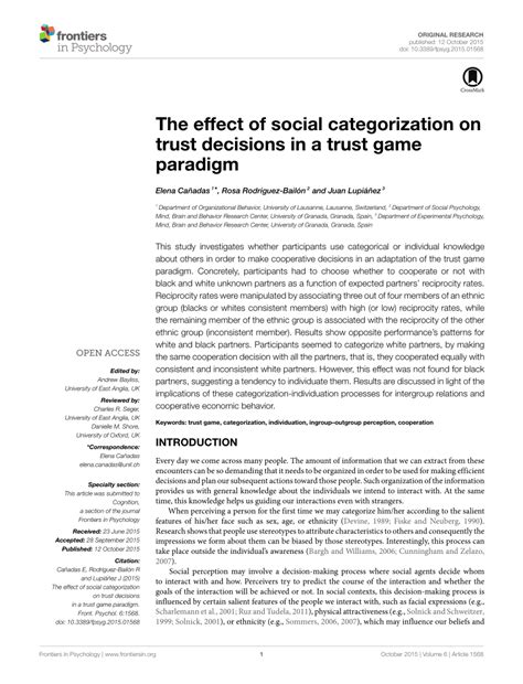 Pdf The Effect Of Social Categorization On Trust Decisions In A Trust Game Paradigm