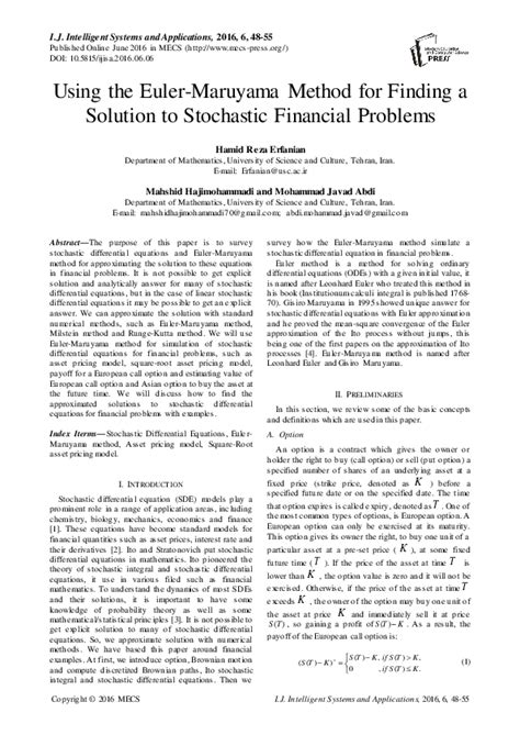 Pdf Using The Euler Maruyama Method For Finding A Solution To Stochastic Financial Problems