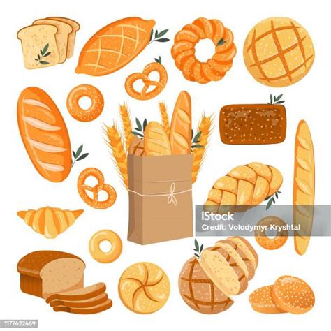 갓 구운 곡물 빵 세트 벡터 플랫 만화 일러스트레이션입니다 흰색 배경에 고립 된 베이커리 디자인 요소 음식에 대한 스톡 벡터