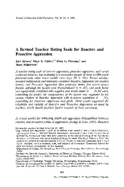 Pdf A Revised Teacher Rating Scale For Reactive And Proactive Aggression