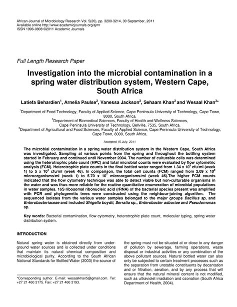 Pdf Investigation Into The Microbial Contamination In A Spring Water Distribution System