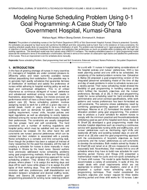 Pdf Modeling Nurse Scheduling Problem Using 0 1 Goal Programming A