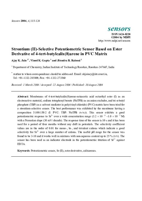 Pdf Strontium Ii Selective Potentiometric Sensor Based On Ester Derivative Of 4 Tert